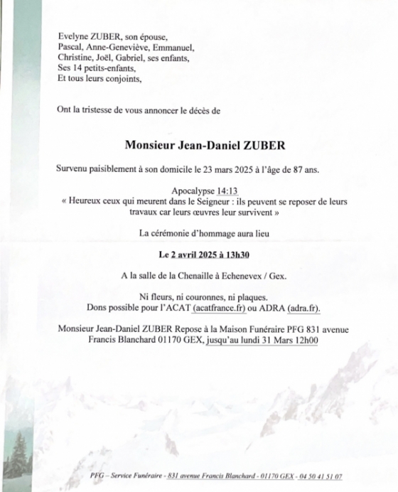 Faire-part du décès de Jean-Daniel Zuber : Bible et vie chretienne