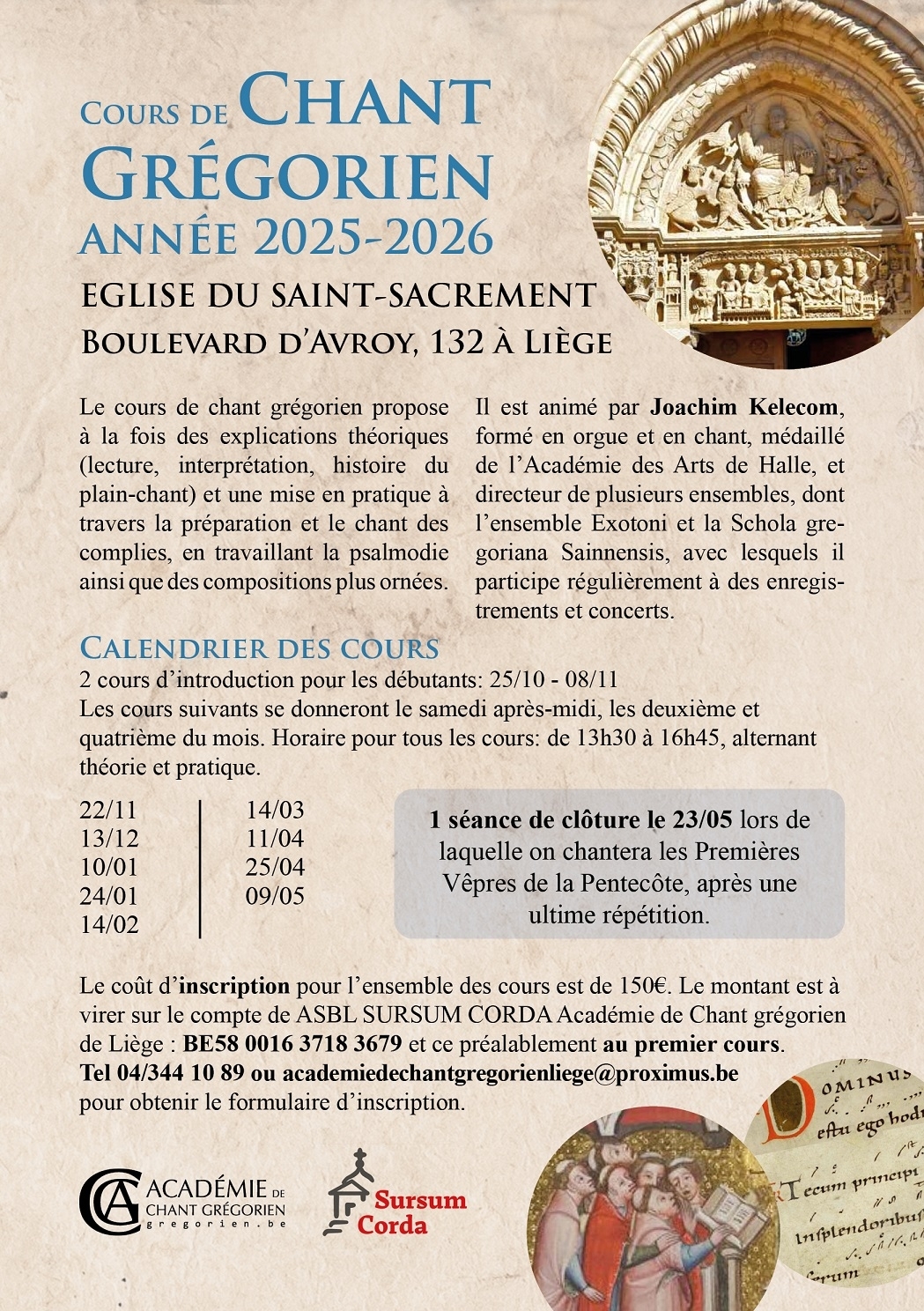 Cours de chant grégorien 2025-2026: bientôt la rentrée. - Eglise du Saint-Sacrement à Liège
