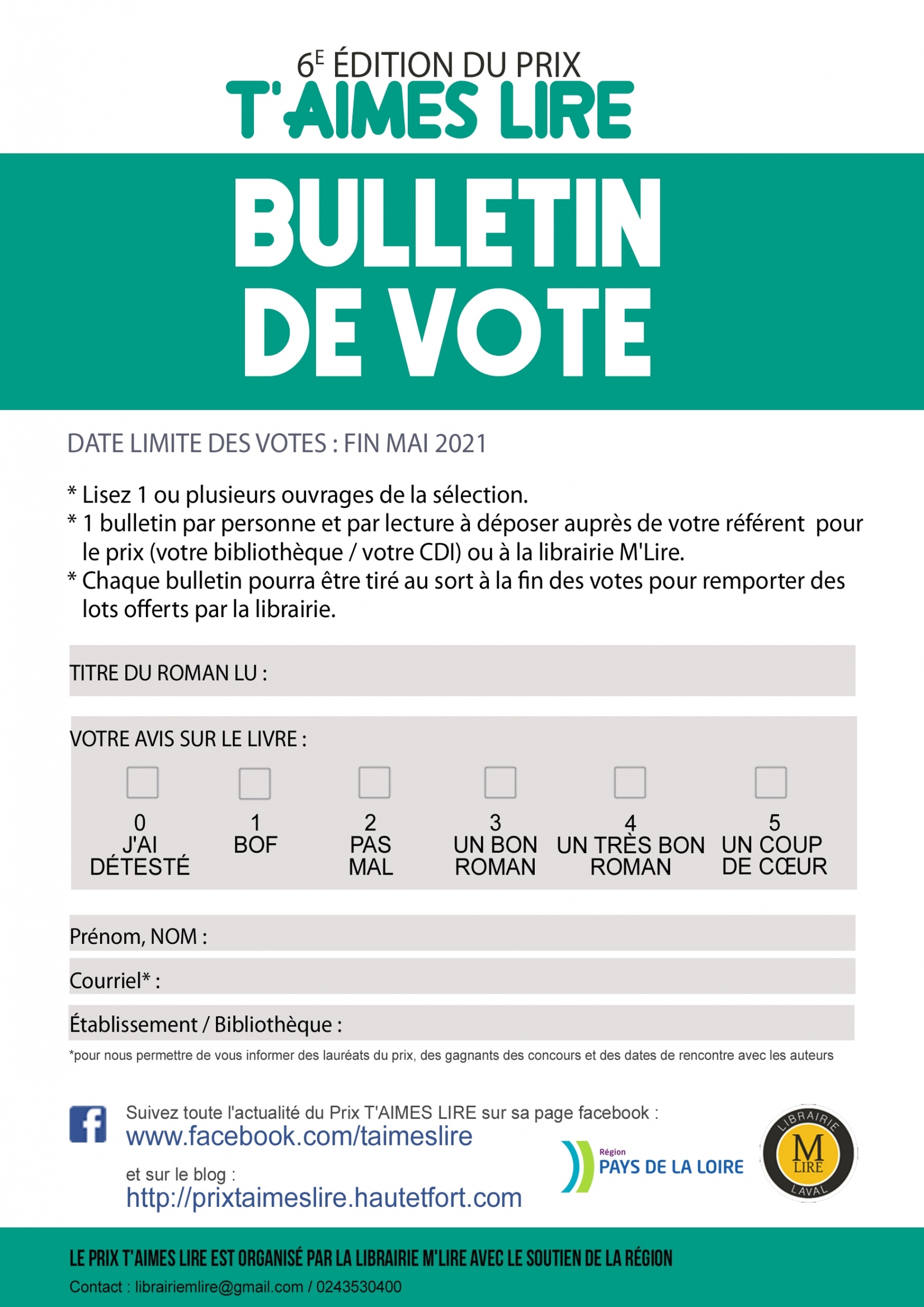 Le bulletin de vote 2021 - Prix T'AIMES LIRE