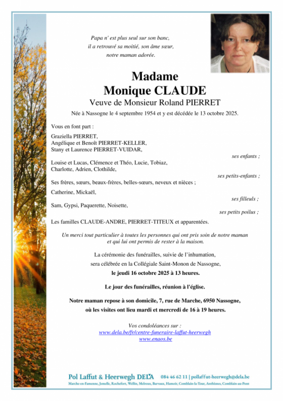 Décès de Monique Claude (71 ans), de Nassogne - Le Blog de Nassogne