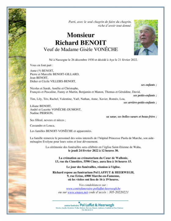 Décès de Richard Benoît (91 ans), originaire de Nassogne - Le Blog de ...