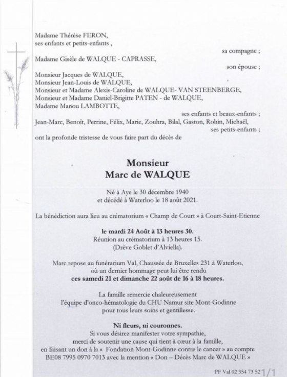 Décès de Marc de Walque (80 ans) - Le Blog de Nassogne